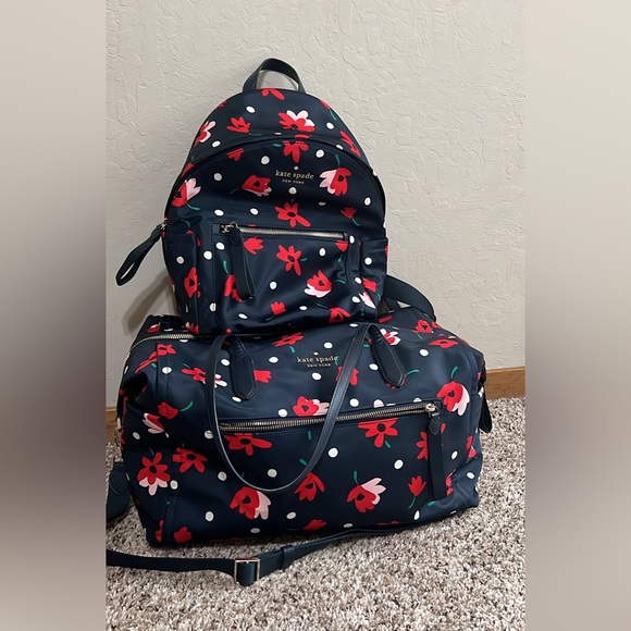 Bags | Kate Spade Blue And Red Floral Travel Bag With Matching Backpack ...